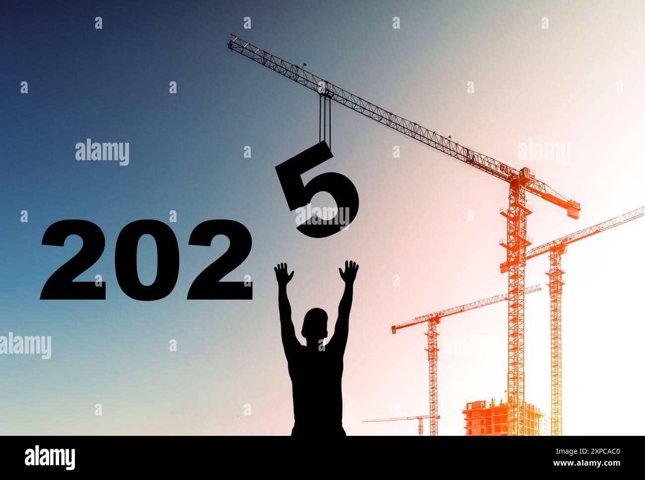 2025 year concept. Construction worker and crane on the backdrop of ...