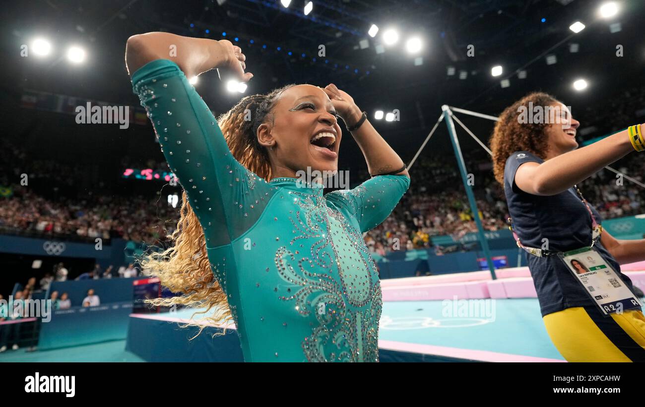 Rebeca Andrade, of Brazil, celebrates after winning the gold medal ...