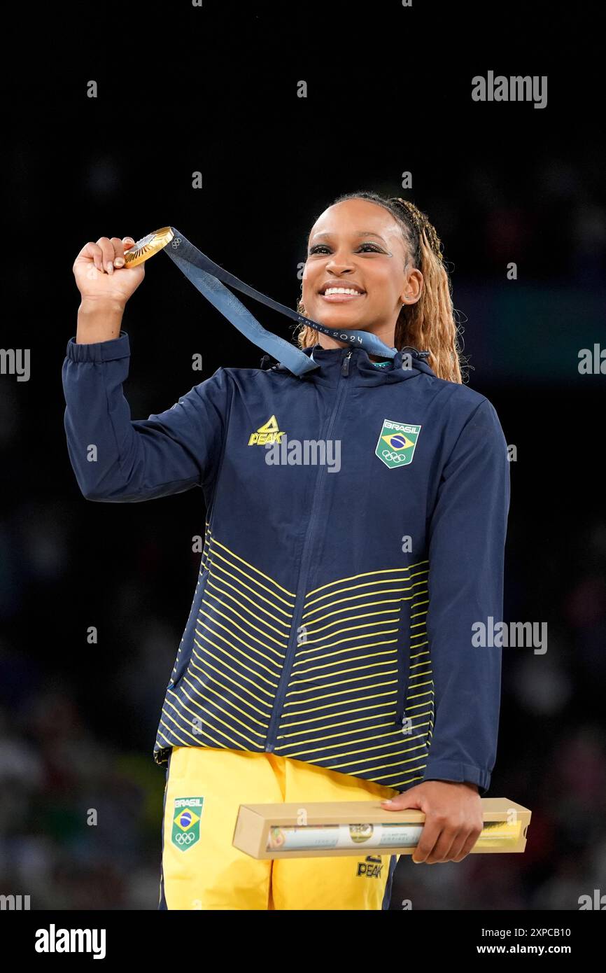 Rebeca Andrade, of Brazil, celebrates after winning the gold medal ...