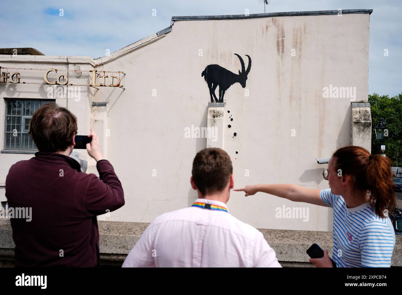 Members of the public look at and take photos of Banksy's new piece of ...
