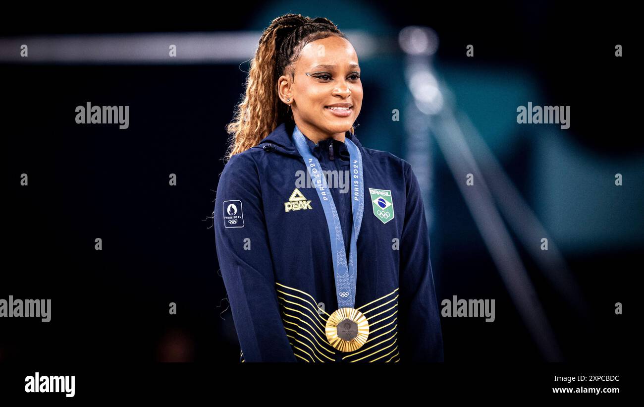 Paris, France. 05th Aug, 2024. Rebeca Andrade with Olympic Gold Medal ...