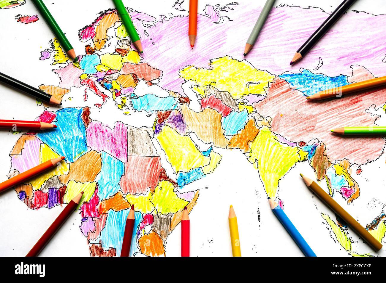 Color drawing world map with colored pencils for children and kids ...