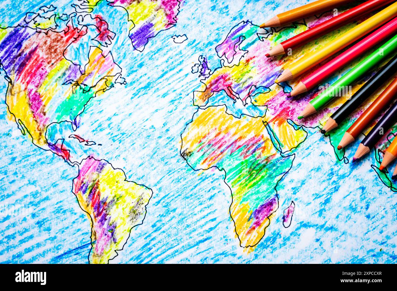 Color drawing world map with colored pencils for children and kids ...