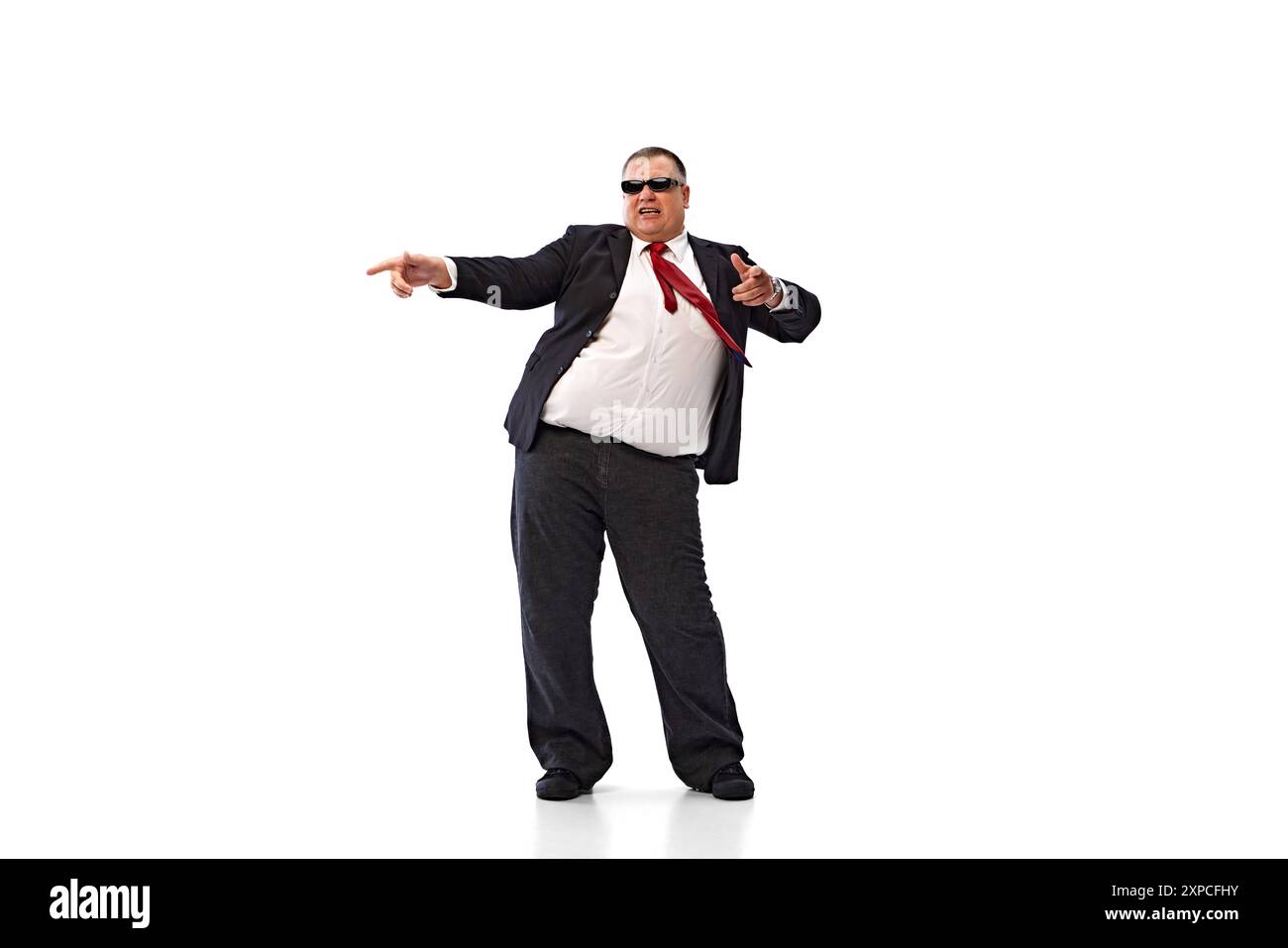 Positive vibe and confidence. Fat man, businessman in sunglasses and ...