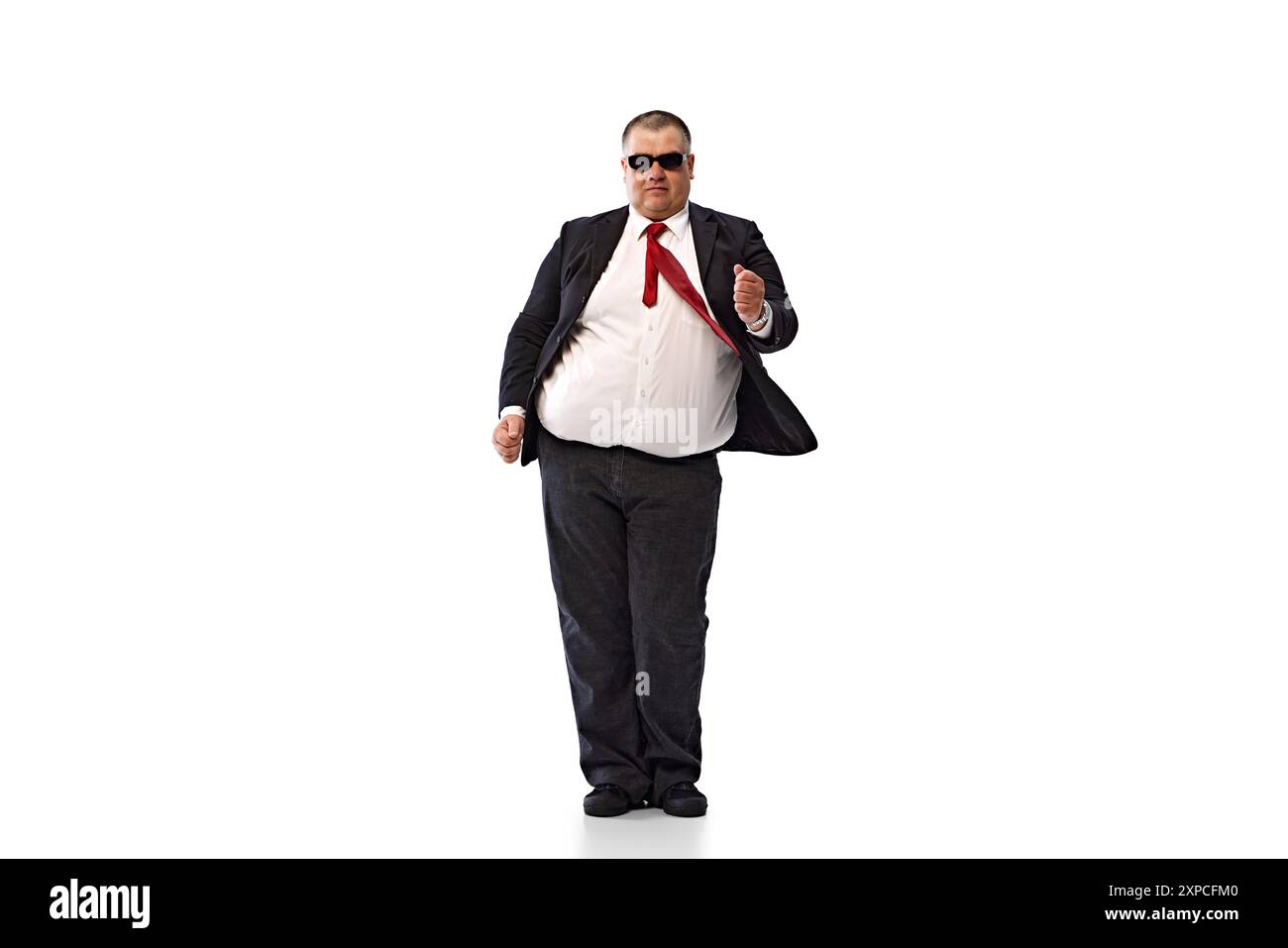 Positive vibe and confidence. Fat man, businessman in sunglasses and ...