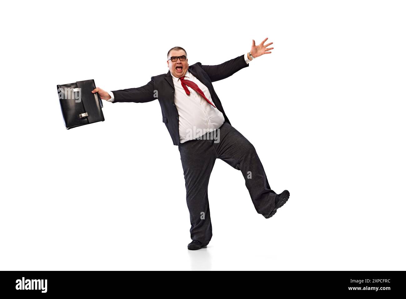 Happy and excited fat man, businessman in black suit, formal wear ...