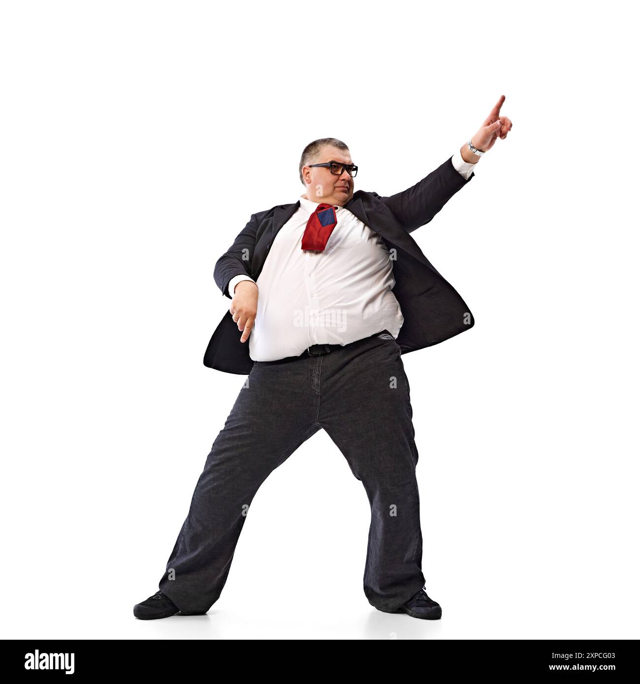 Fat man, businessman, manager in formal wear and glasses, dancing ...