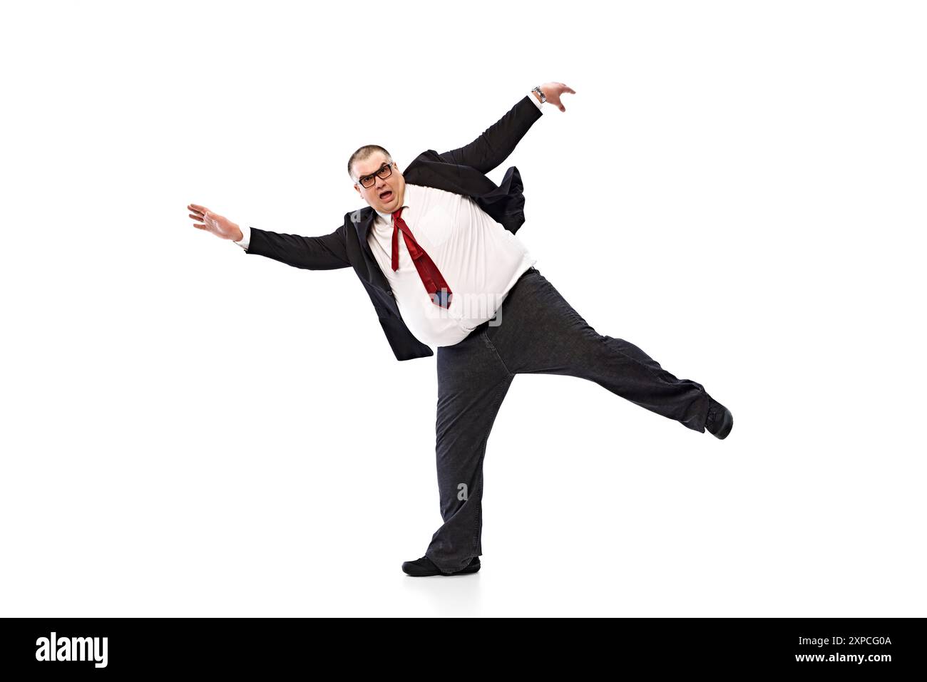 Stepping into progress. Fat emotional man, businessman in formal wear ...