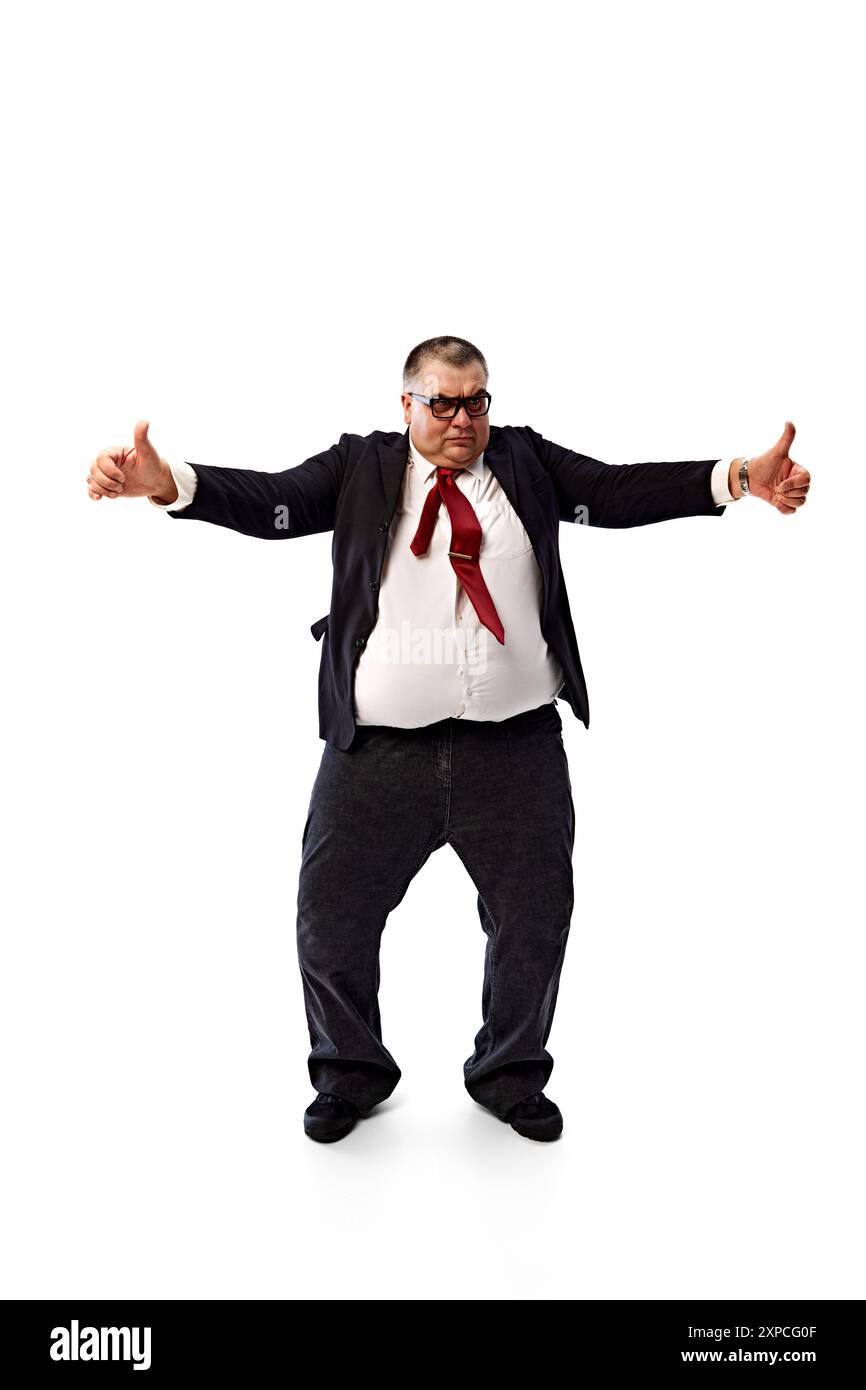 Motivation for employees. Fat businessman in black suit and glasses ...