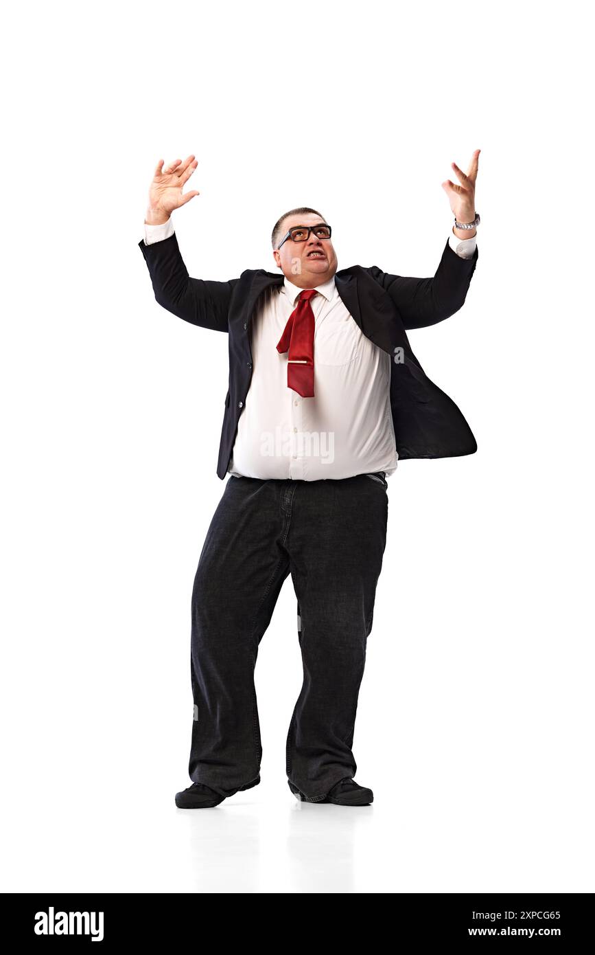 Fat man, businessman, manager in formal wear and glasses, dancing ...