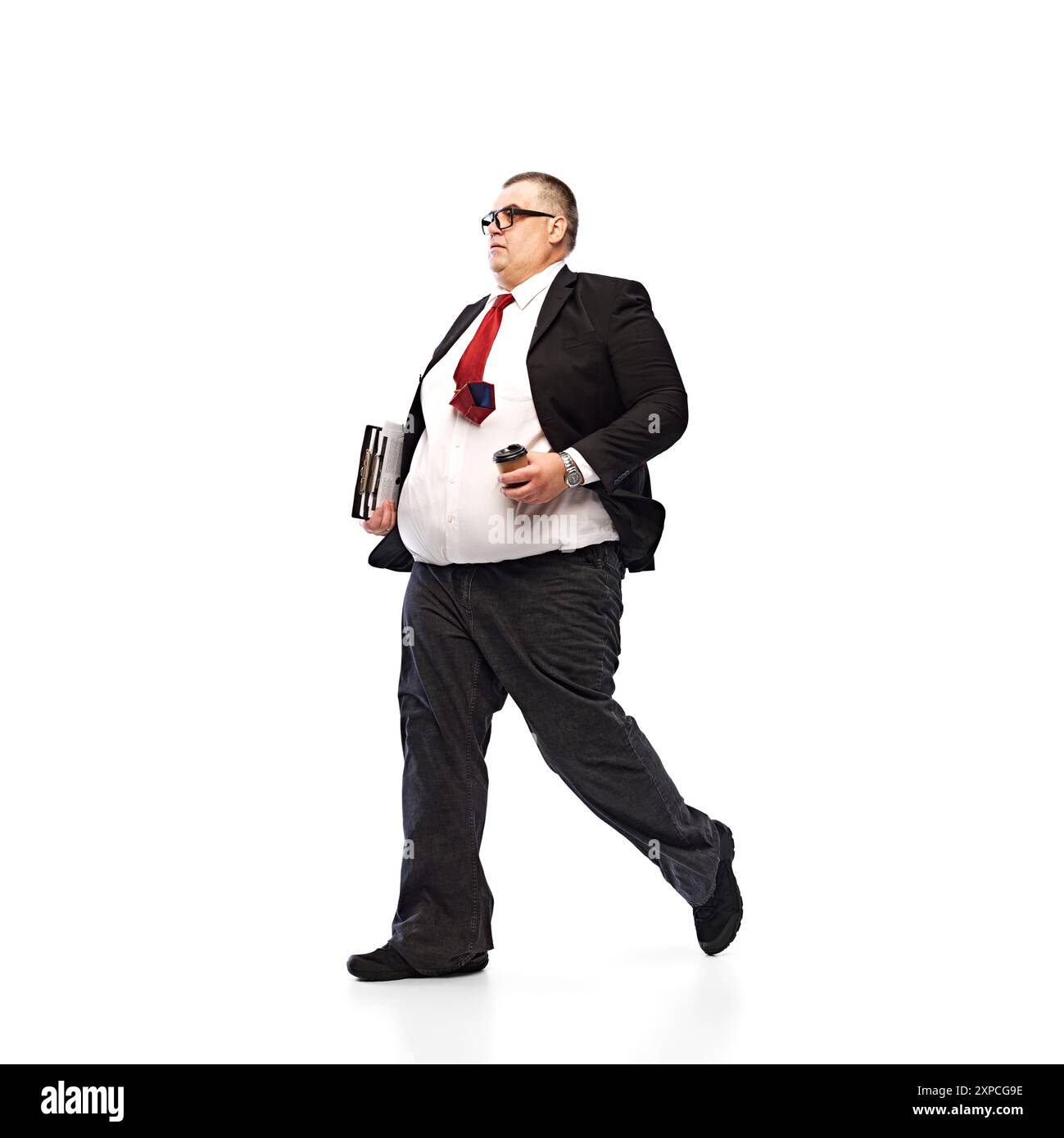 On way to work. Overweight fat man, business man in black suit and red ...