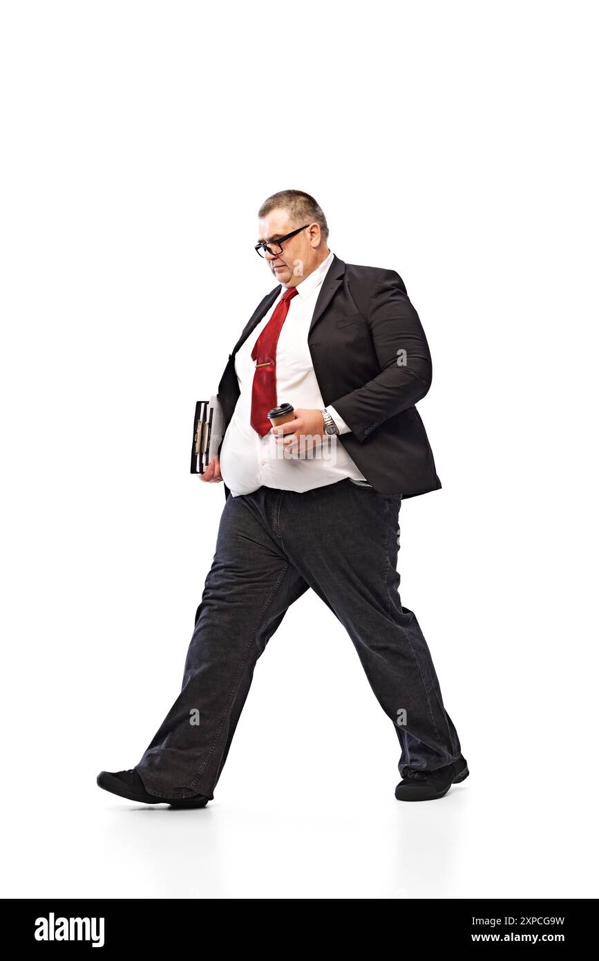 On way to work. Overweight fat man, business man in black suit and red ...