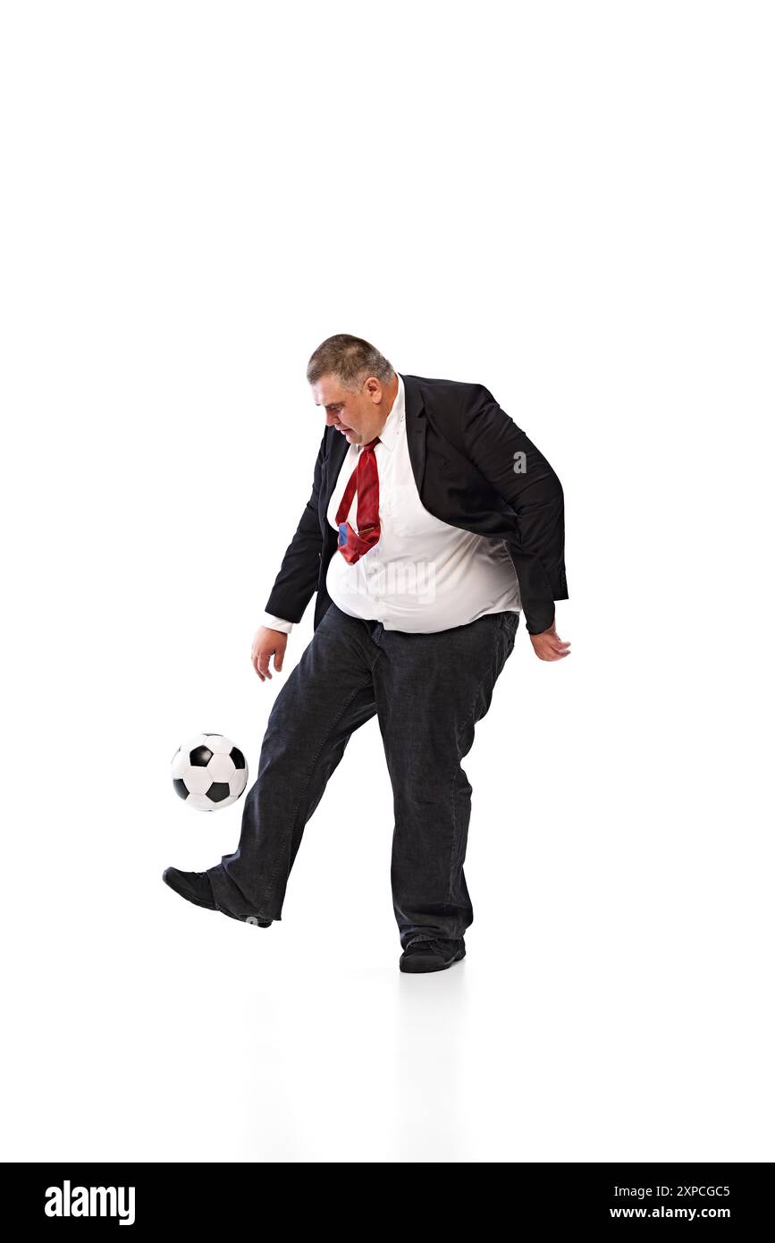Full-length image of fat man, businessman in formal wear playing ...