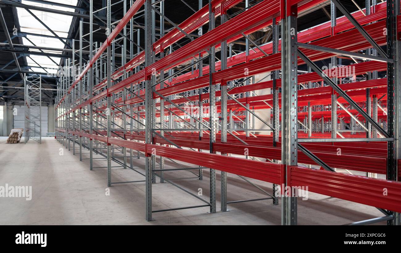 logistics warehouse concept with empty high pallet racks, shelving ...