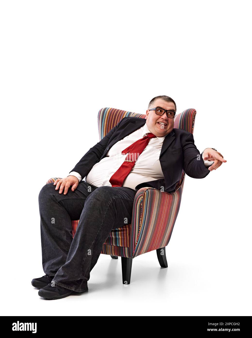 Fat man, businessman in formal wear, red tie and glasses, sitting in ...