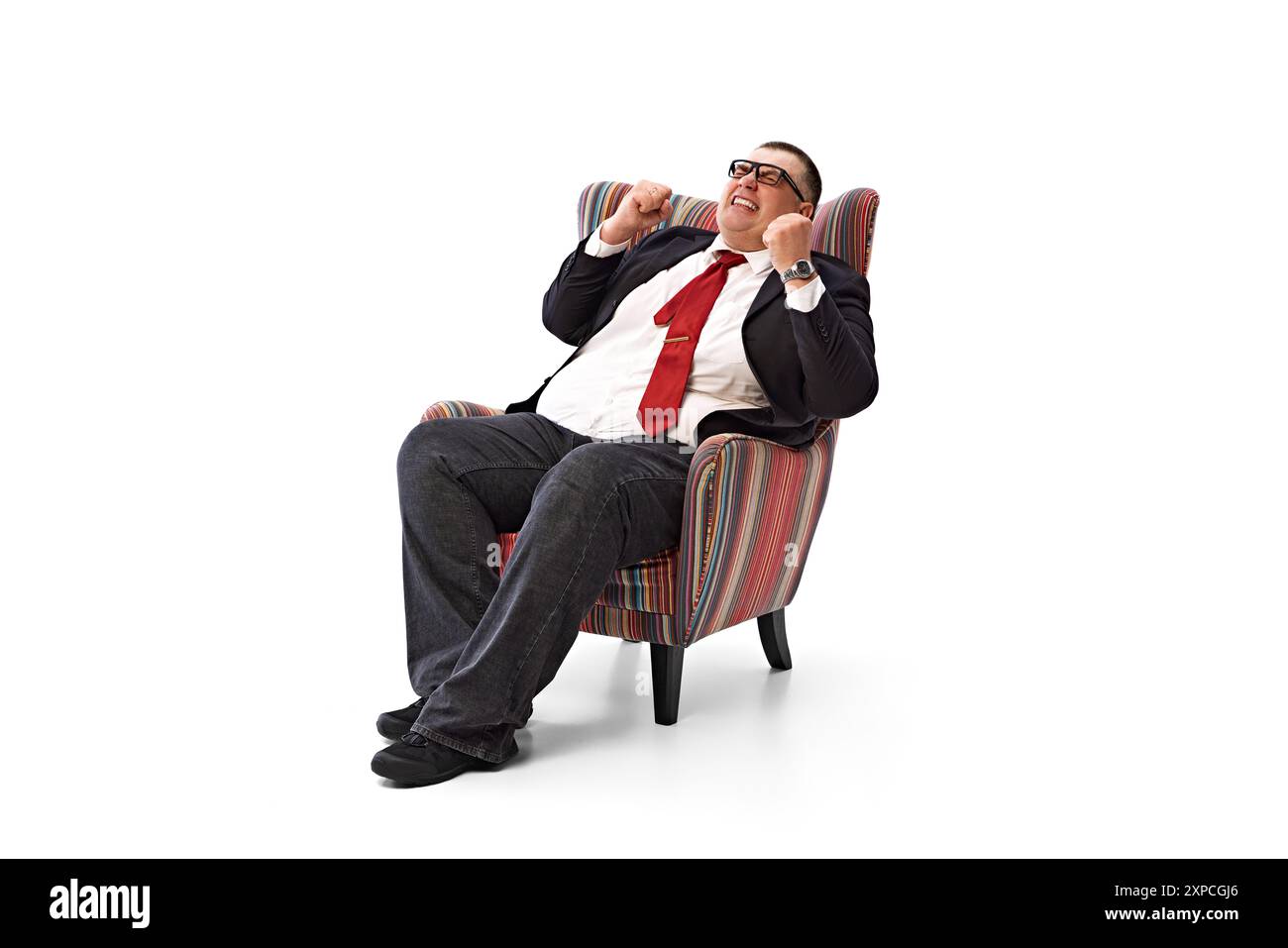 Success. Fat businessman, employee in formal wear sitting in armchair ...