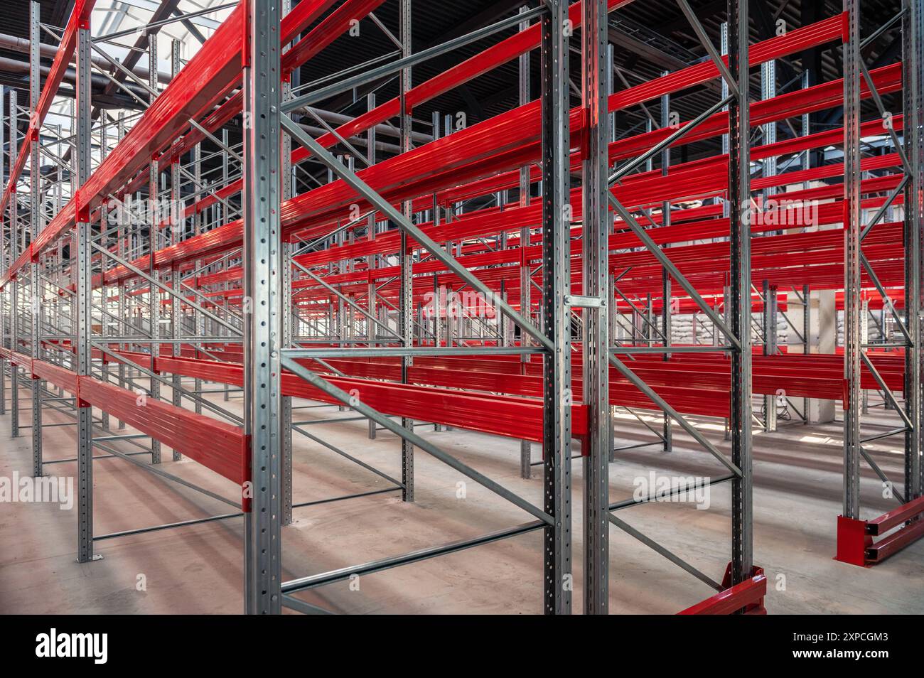 logistics warehouse concept with empty high pallet racks, shelving ...
