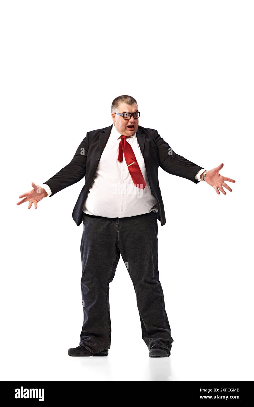 Full-length image of fat man, businessman in formal wear, red tie and ...