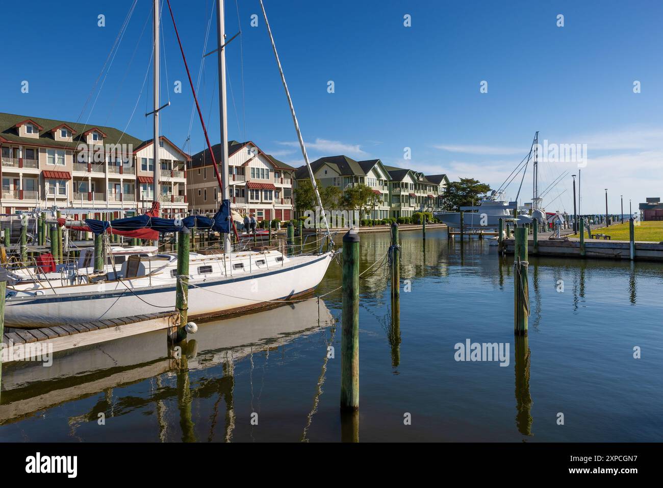 Marina view from the boardwalk in Manteo on Roanoke Island in Outer ...