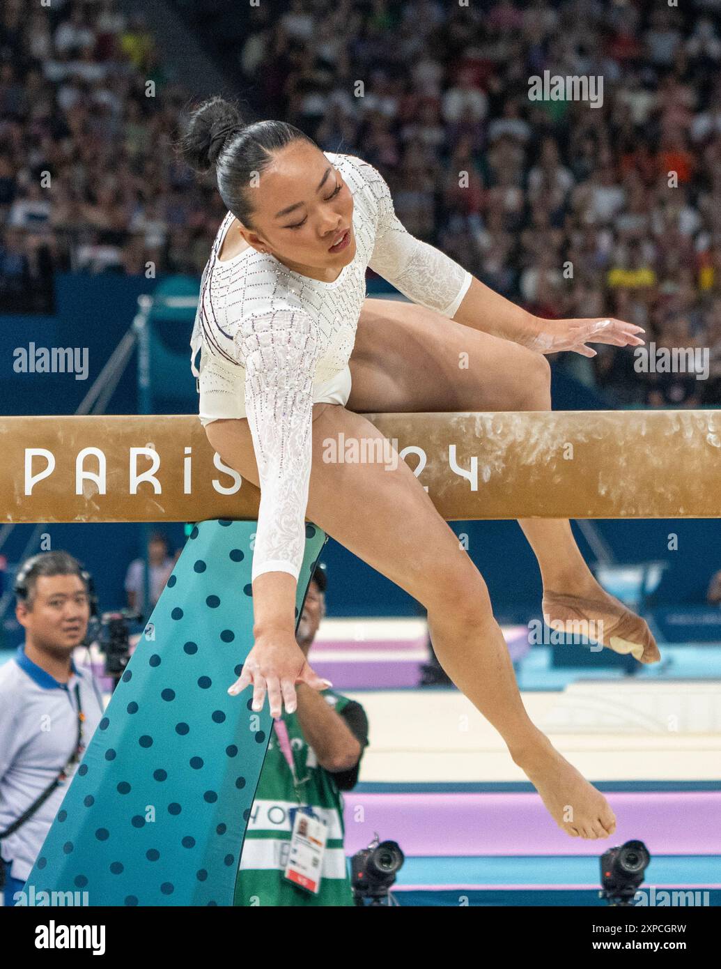 Paris, France. 05th Aug, 2024. Sunisa Lee of the U.S. falls off the ...