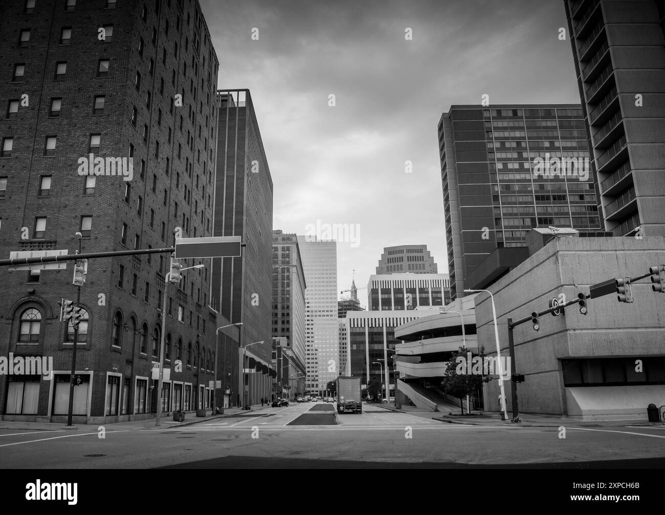 The black and white photo of Cleveland downtown, a major city in Ohio ...