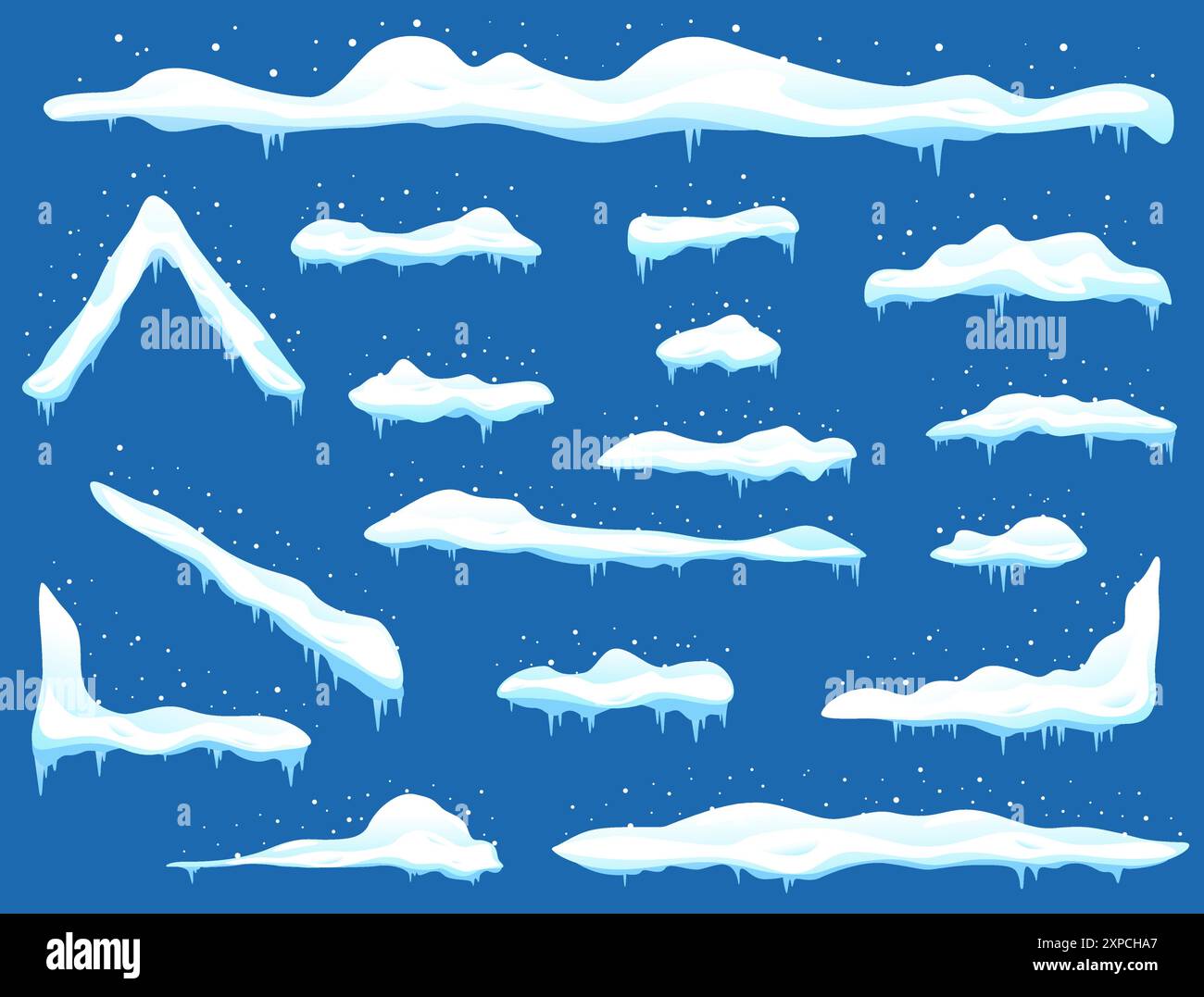 Snow caps. Cartoon snowdrifts. Different shapes with icicles. Winter ...