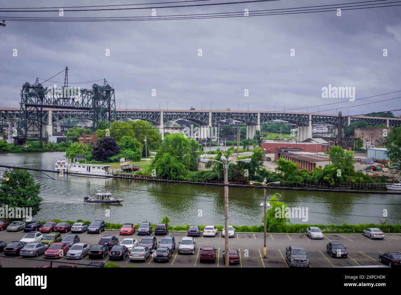 The parking lot and the road at the Cuyahoga river waterfront in ...