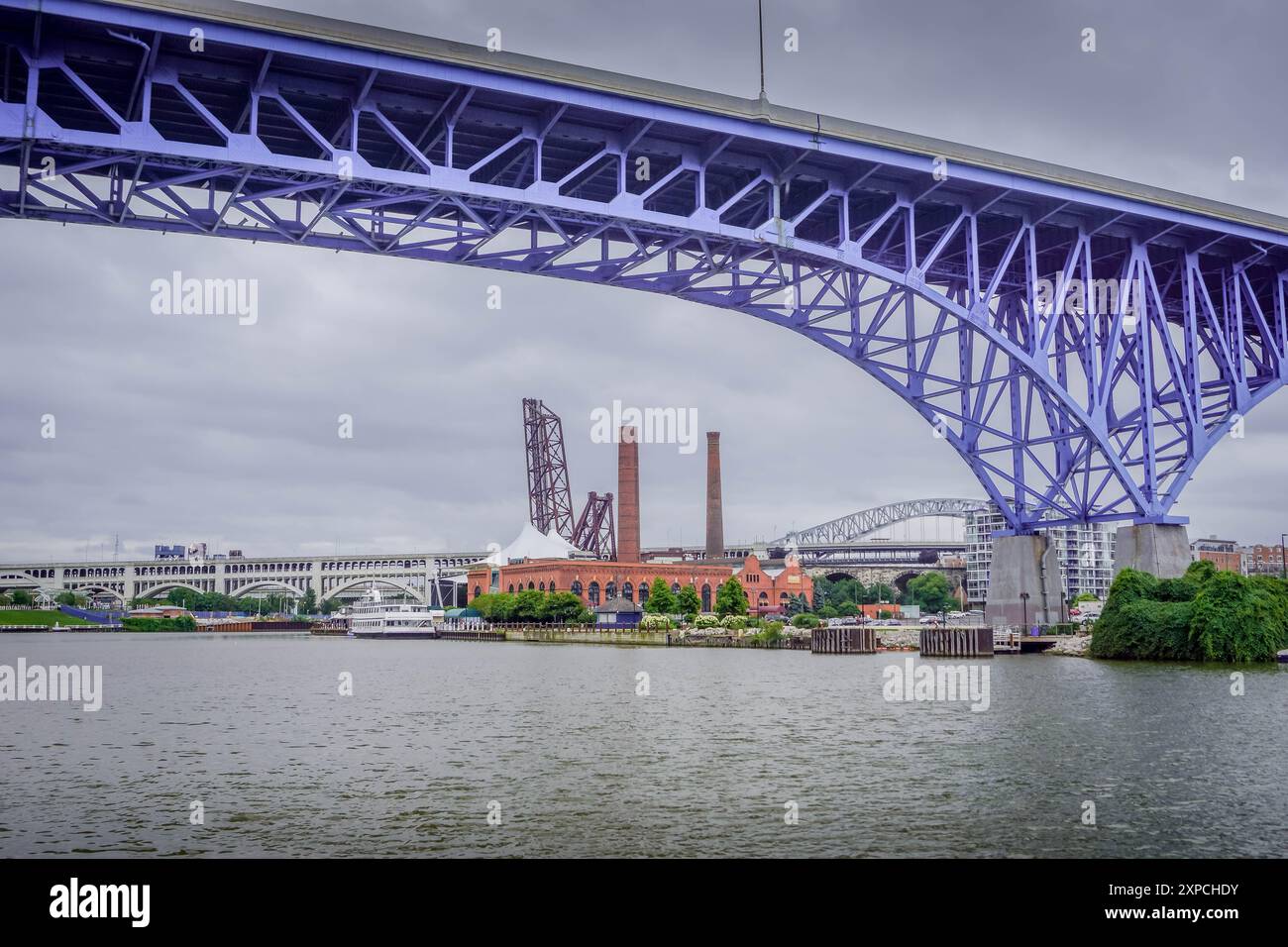 The Cuyahoga river waterfront and the stadium under Main Avenue Bridge ...