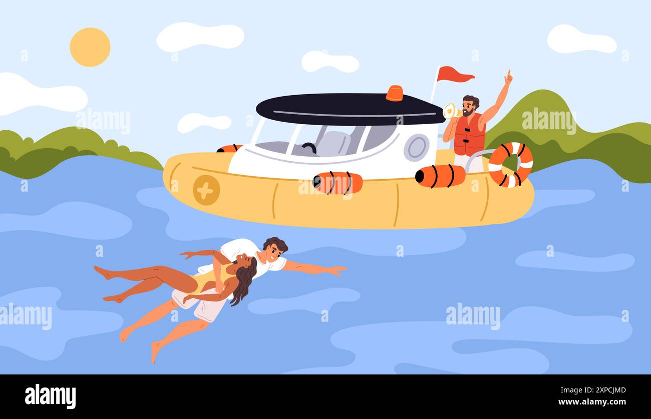 Sea lifeguards. Man with megaphone on rescue boat. Guy pulls drowning ...