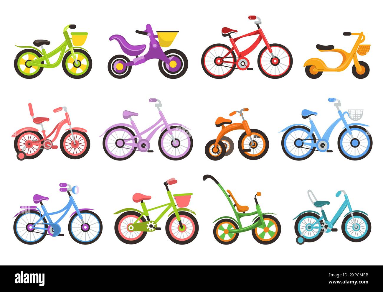 Cartoon kids bicycles. Colorful childish bikes. Babies two and three ...