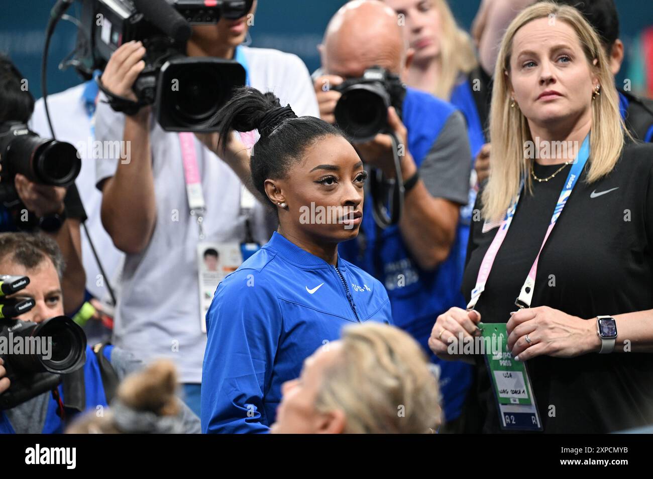 Paris, Fra. 05th Aug, 2024. Team USA gymnast Simone Biles reacts during ...