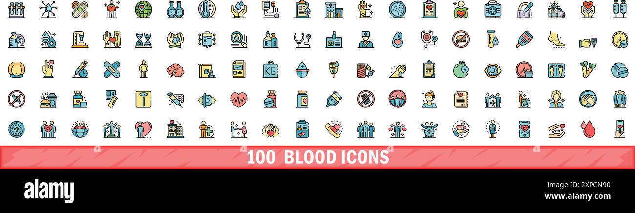 100 blood icons set. Color line set of blood vector icons thin line ...