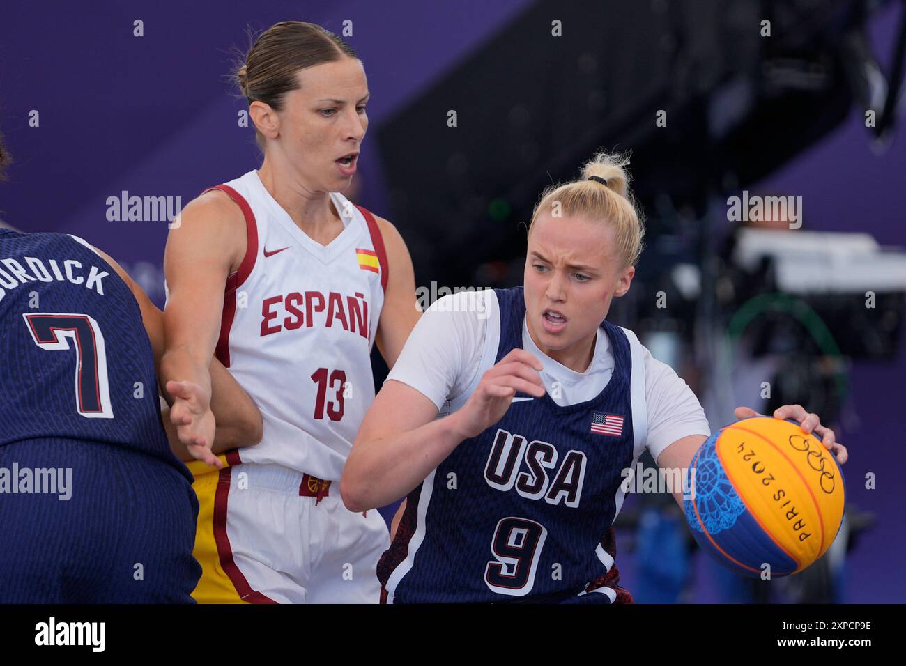 United States Hailey van Lith (9) slips past Spain's Sandra Ygueravide ...