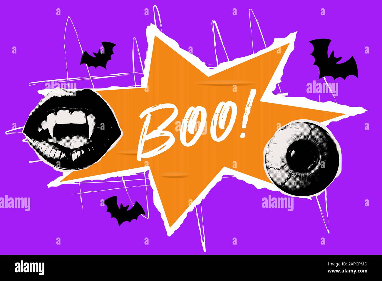 Boo half tone Halloween collage, cut paper, blank space. Trendy vector ...