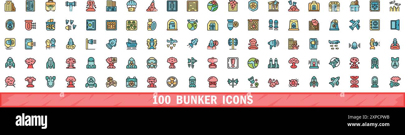 100 bunker icons set. Color line set of bunker vector icons thin line ...