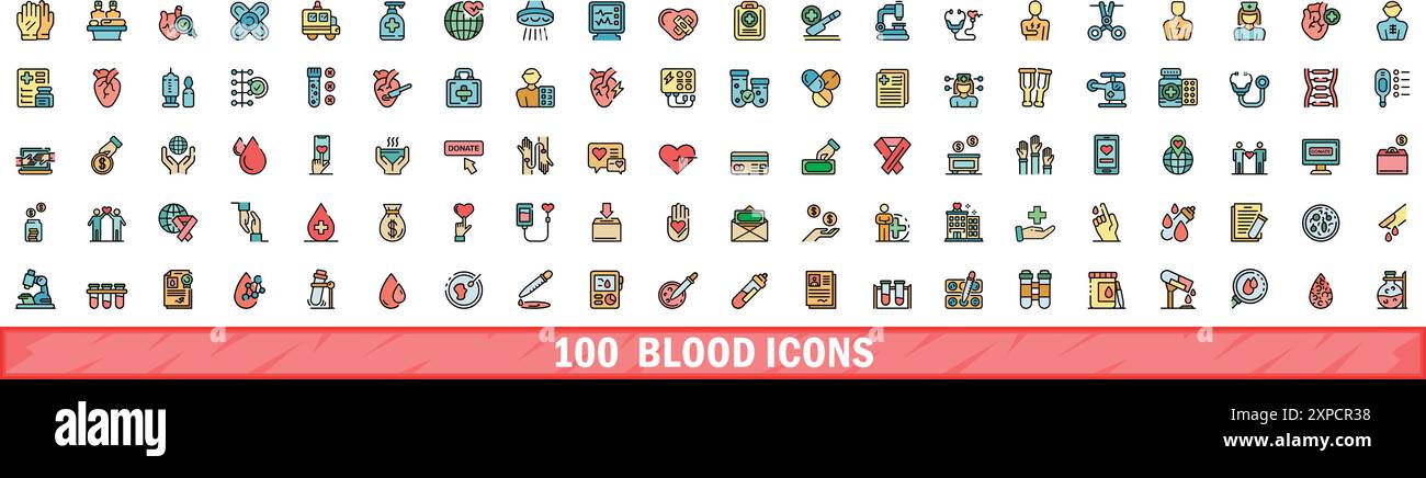 100 blood icons set. Color line set of blood vector icons thin line ...