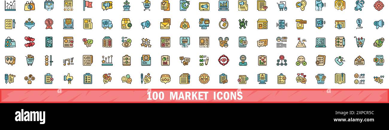 100 market icons set. Color line set of market vector icons thin line ...