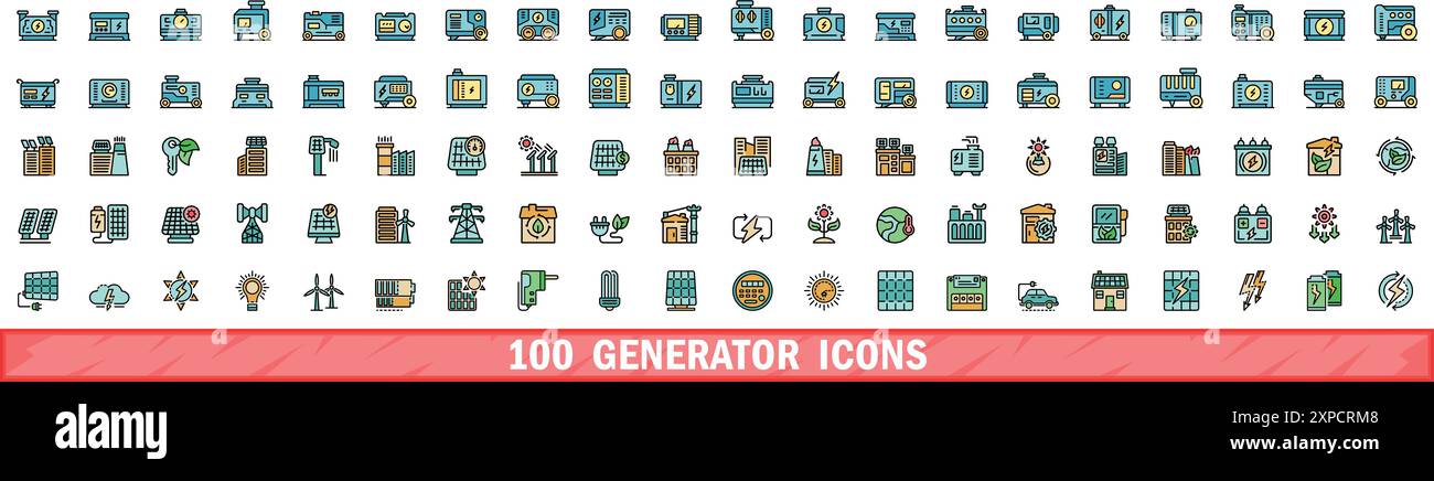 100 generator icons set. Color line set of generator vector icons thin ...