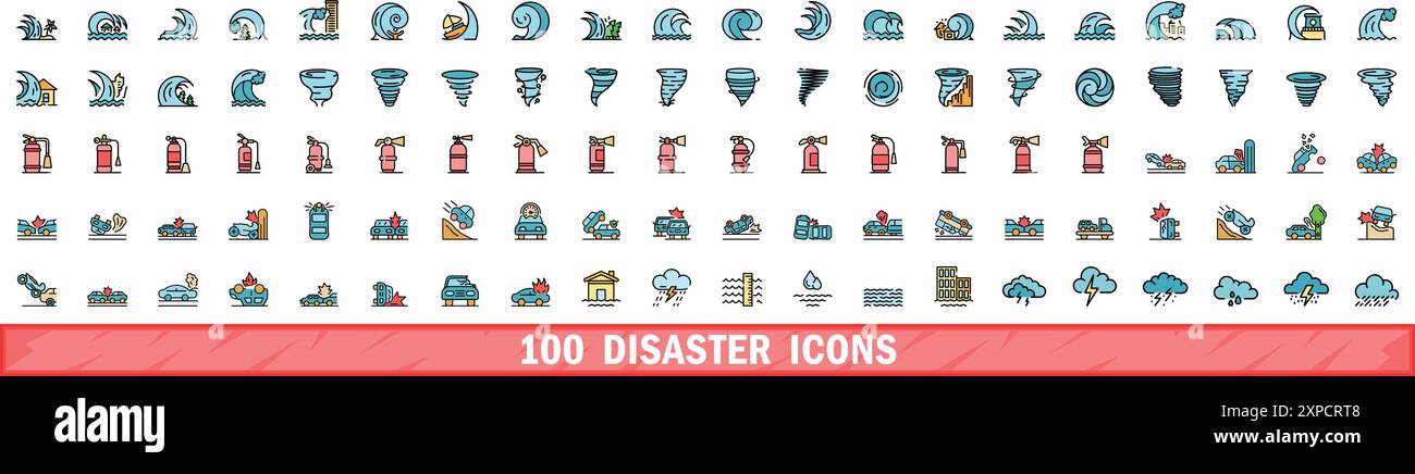100 disaster icons set. Color line set of disaster vector icons thin ...
