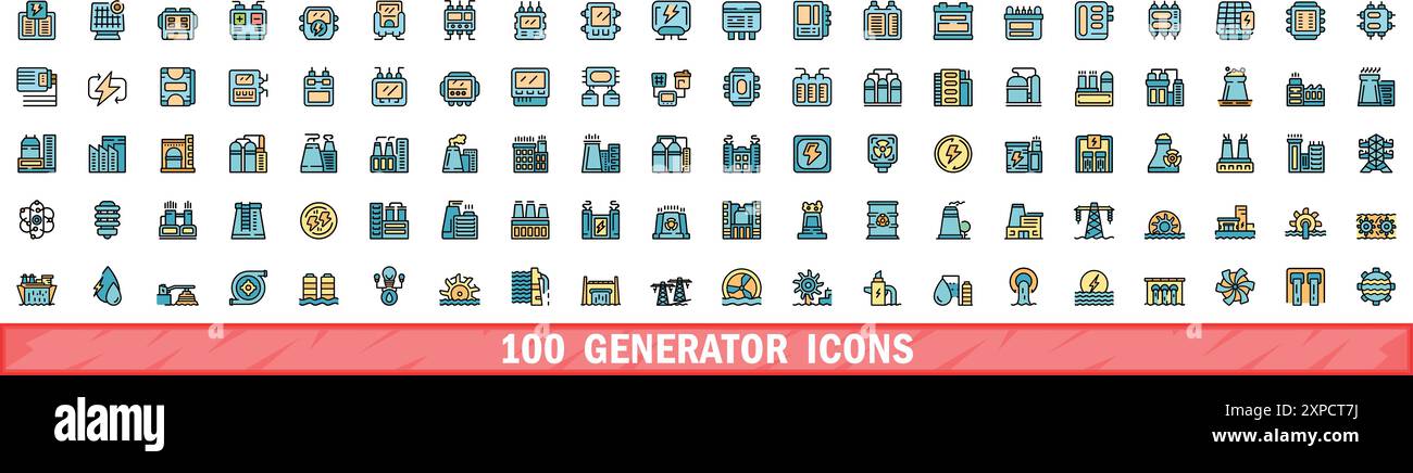 100 generator icons set. Color line set of generator vector icons thin ...