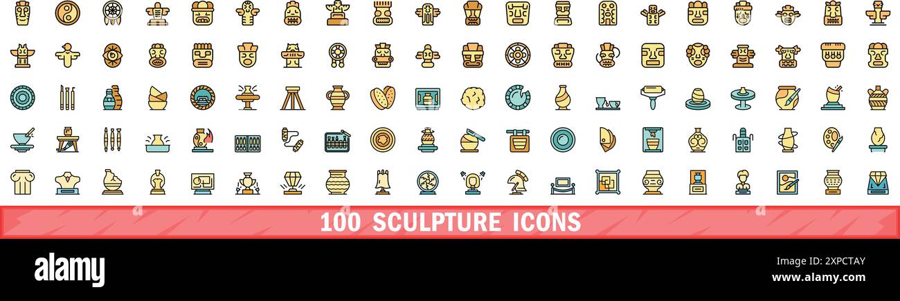 100 sculpture icons set. Color line set of sculpture vector icons thin ...