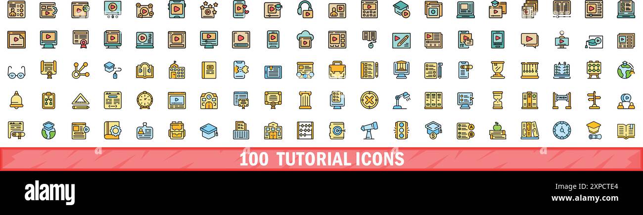 100 tutorial icons set. Color line set of tutorial vector icons thin ...