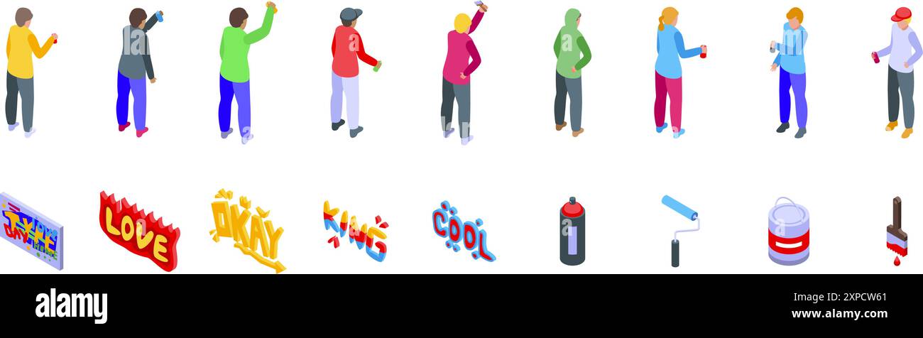 Graffiti painter icons set. Diverse group of young people are ...