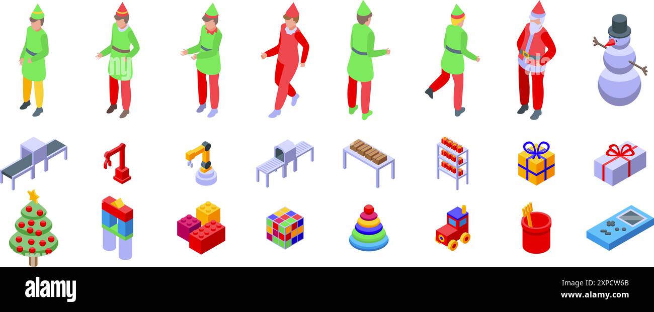 Christmas factory conveyor icons set. Santa claus is supervising his ...