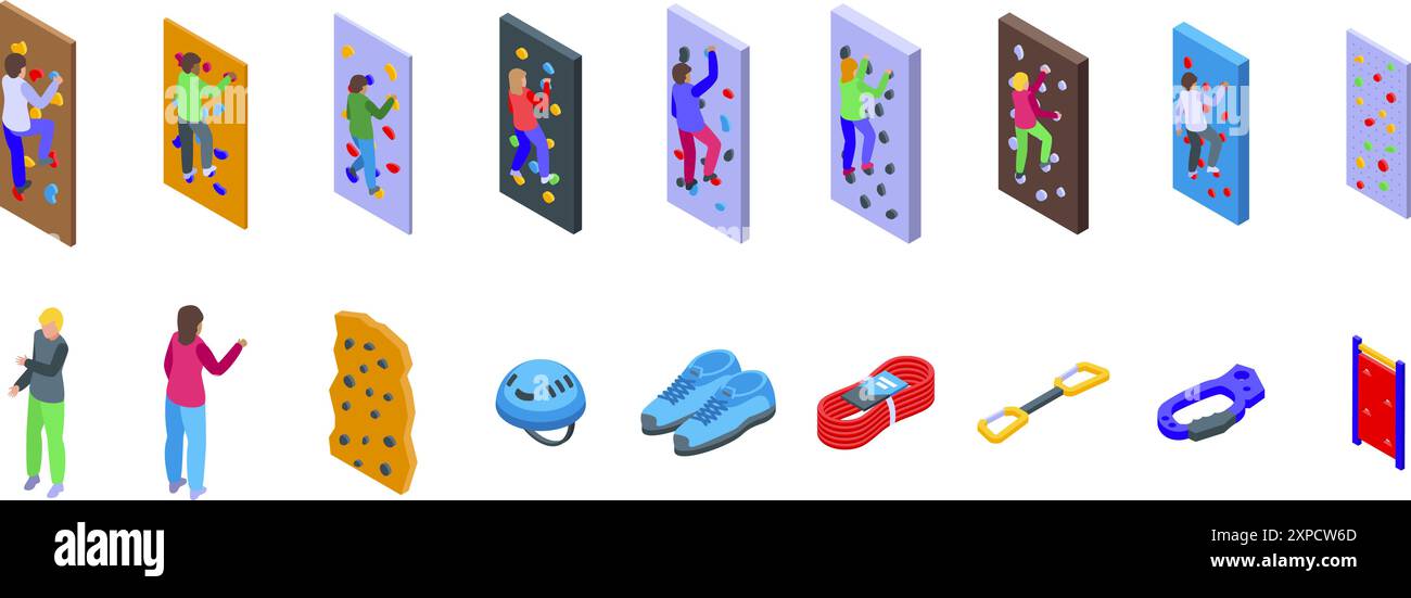 Kids climbing wall icons set. People climbing on climbing wall with ...