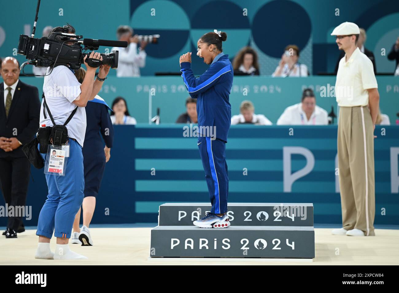 Paris, Fra. 05th Aug, 2024. Team USA gymnast Jordan Chiles celebrates ...