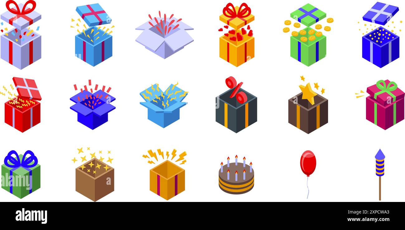 Giftbox confetti explosion icons set. Set of colorful gift boxes ...