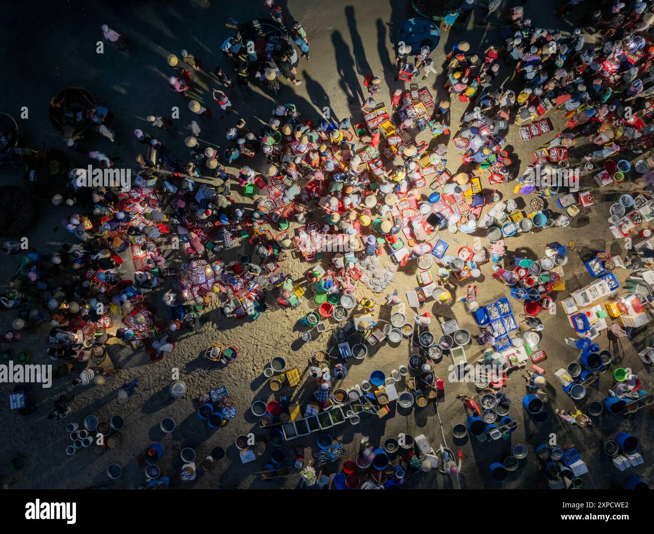 Aerial view of Tam Tien beach and fish market, Tam Ky, Quang Nam ...