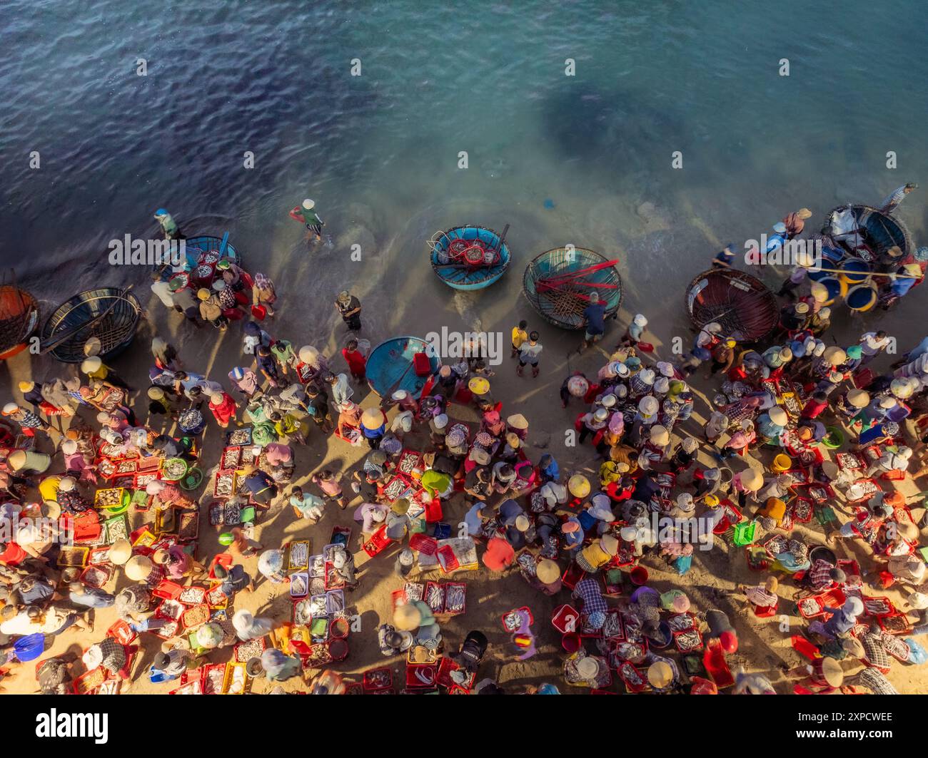 Aerial view of Tam Tien beach and fish market, Tam Ky, Quang Nam ...