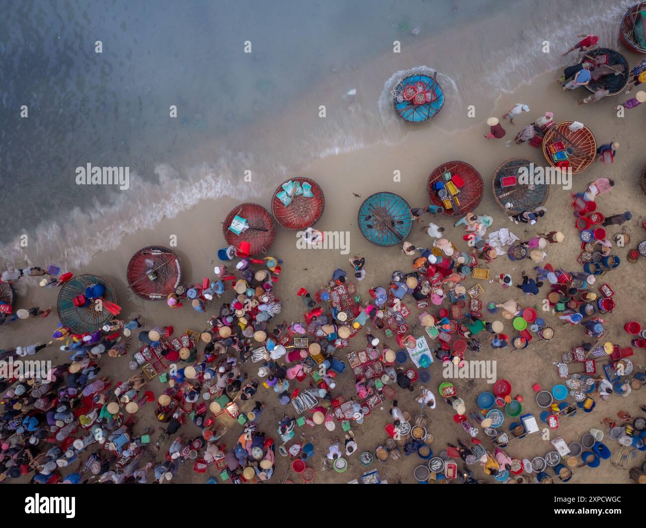 Aerial view of Tam Tien beach and fish market, Tam Ky, Quang Nam ...